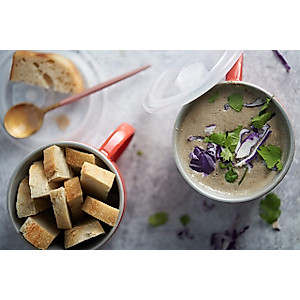 KooK Soup Mugs, Soup Cups with Lid, Microwavable Soup Bowl with Handles, Ceramic with Plastic Lid, for Overnight Oats, Travel Cups, Oversized Coffee Mug, Cereal, 25 Oz, Set of 2, Cherry/Grey