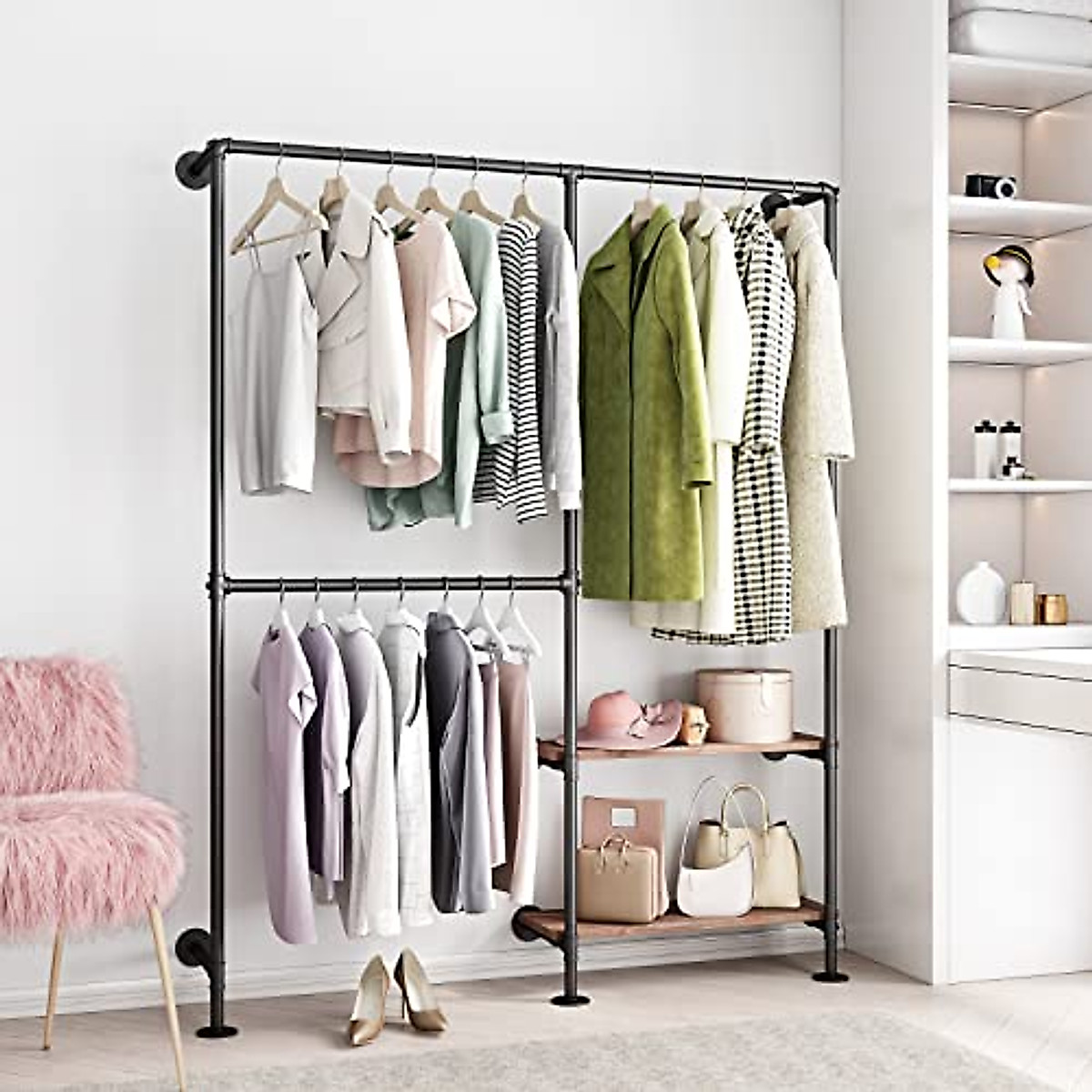 IronJiaZu Industrial Pipe Clothes Racks with Black Shelves, Industrial Pipe Black Clothing Rack with Double Hanging Rods, Heavy Duty Wall Mounted Clothing Rack Rod for Closet Storage, Bedroom