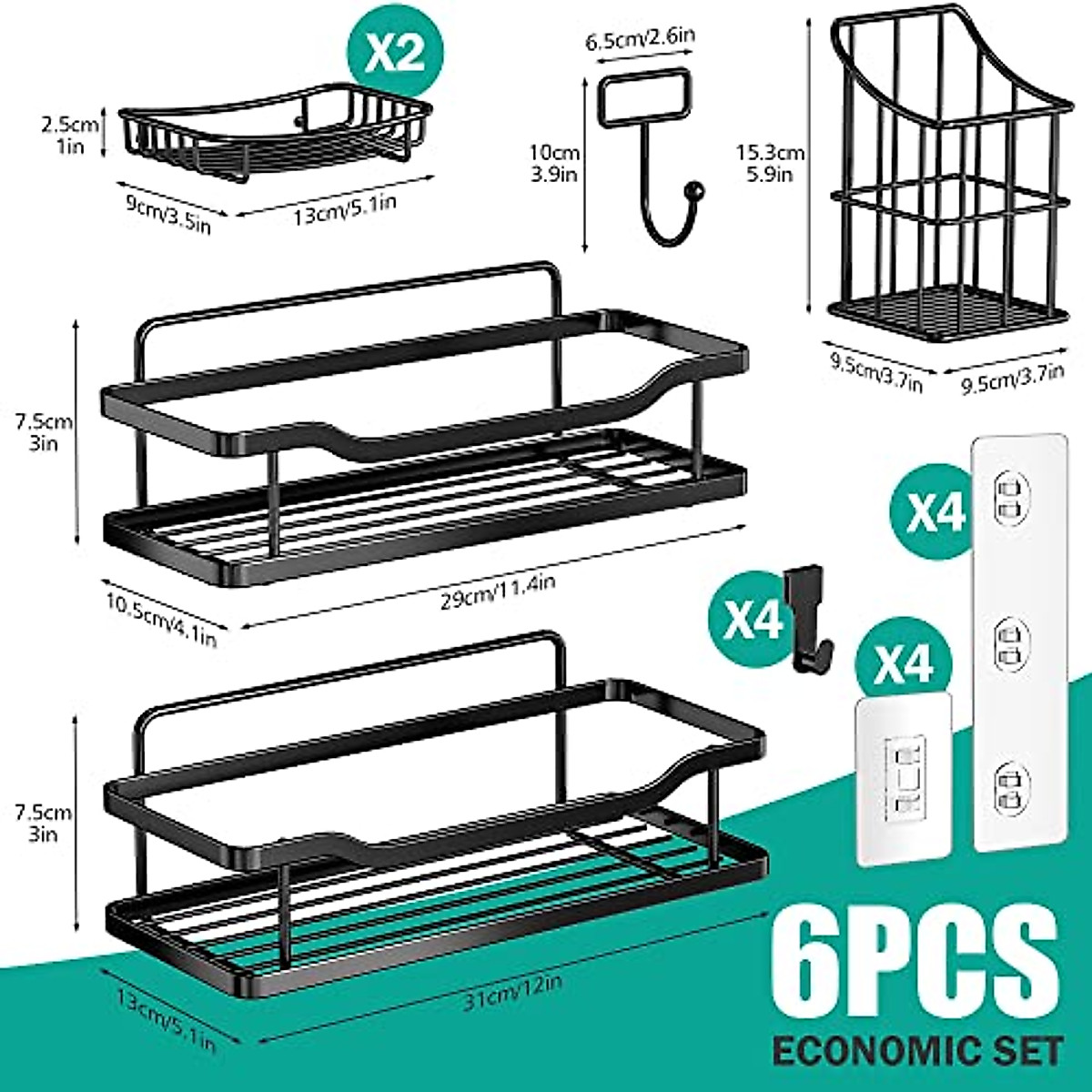 OMAIRA Shower Organizer [6 Pack], Shower Caddy No Drilling, Large Capacity Stainless Steel Bathroom Organizer, Shower Shelves for Inside Shower & Kitchen Storage (Black)