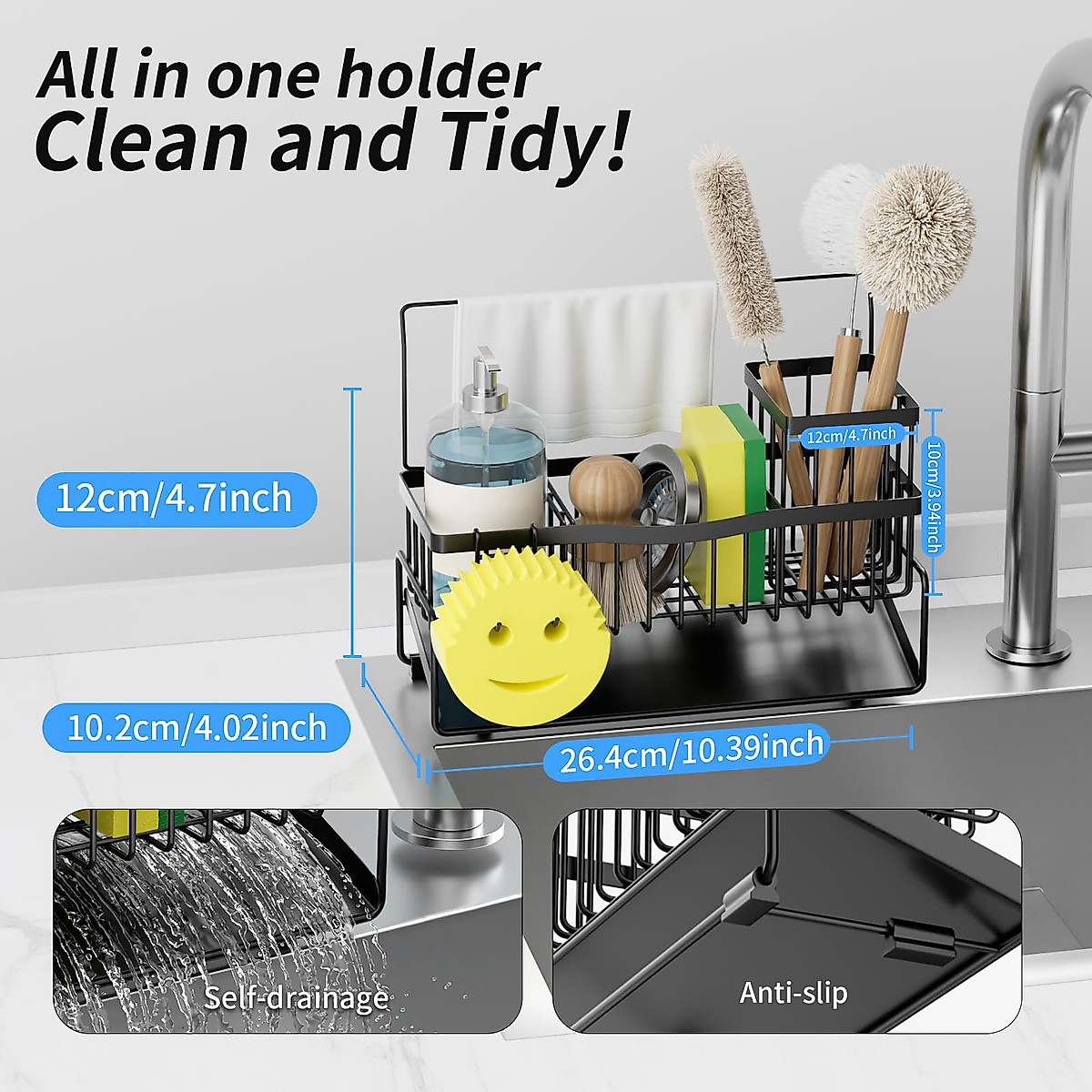 Adurei Kitchen Sink Caddy Sponge Holder for Kitchen Sink SUS304 Stainless Steel Rack with High Brush Holder Smiley Face Sponge Hook Towel Holder and Divider Gadgets Organizer for Counter