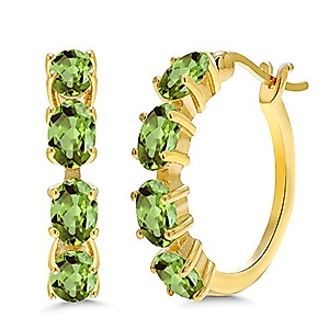 Gem Stone King 18K Yellow Gold Plated Silver Oval Gemstone Birthstone Hoop Earrings | Oval 6X4MM | 22MM | 0.85 Inch | Gold Hoop Earrings For Women