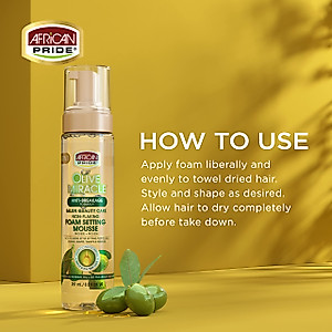 African Pride Olive Miracle Non-Flaking Foam Setting Hair Mousse, Long-Lasting Frizz & Shine Control for Curls, Braids, Weaves, Wigs, Waves & Wraps, 8.5 oz