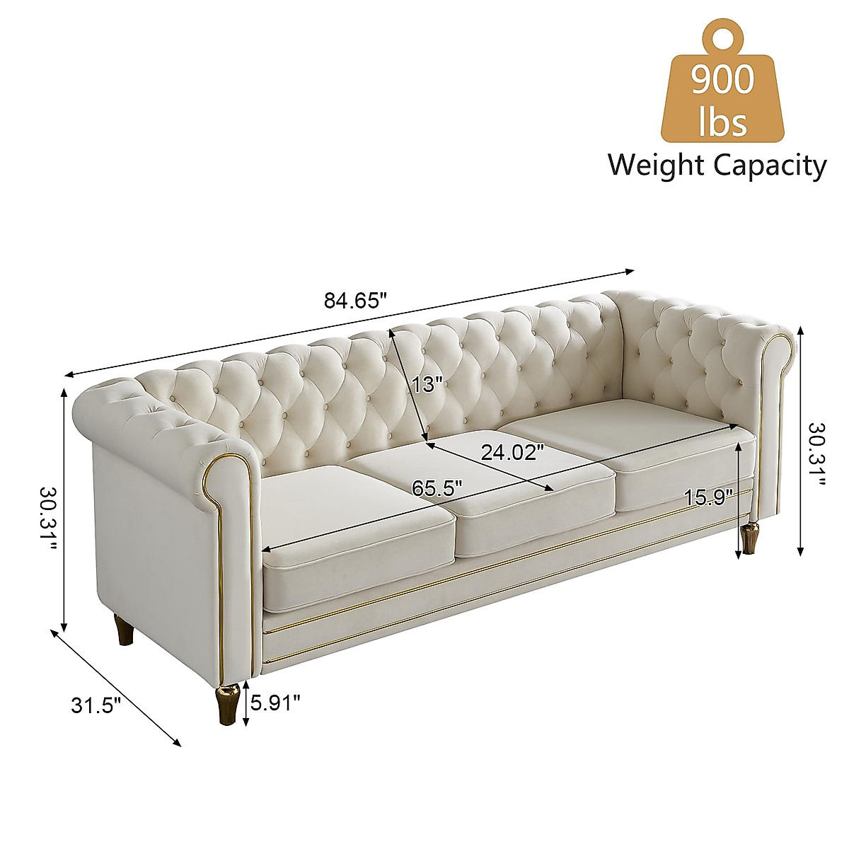 Neylory Modern Velvet Sofa Couch for Living Room,85 Inch 3 Seater Chesterfield Couches with Button Tufted Back and Roll Arms,Upholstered Sofas for Bedroom,Apartment,Office Beige