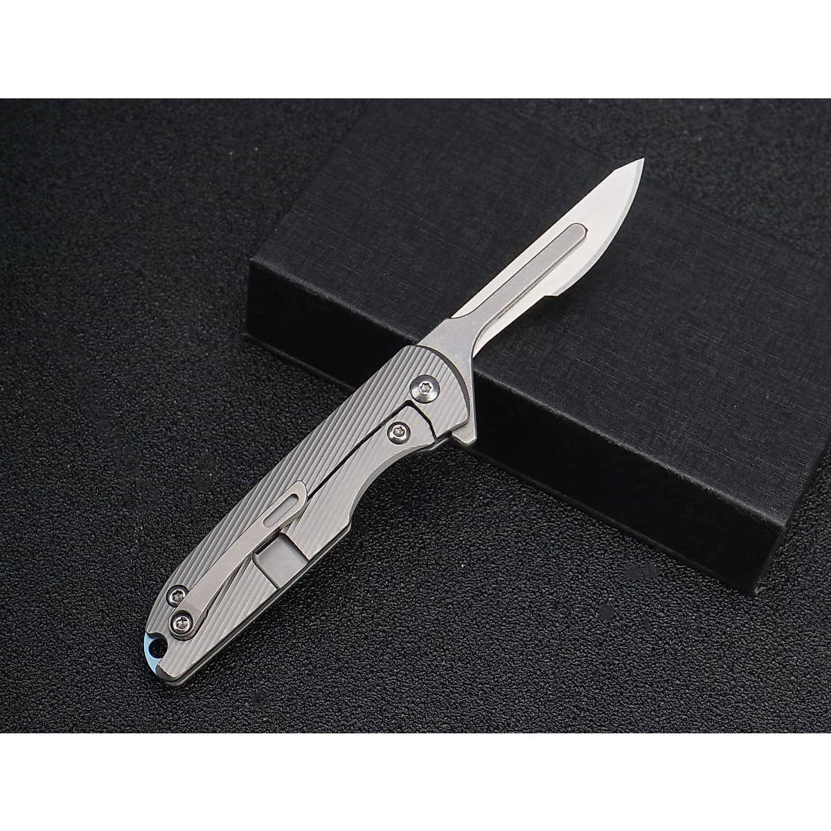 TENCHILON Ti28 Premium Mini Flipper Scalpel Folding Pocket Knife with 10pcs #24 Replaceable Blade, Textured 6AL4V Titanium Handle with Frame Lock Utility EDC Knives,