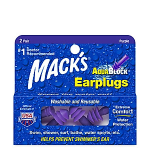 Mack's AquaBlock Swimming Earplugs, 2 Pair - Comfortable, Waterproof, Reusable Silicone Ear Plugs for Swimming, Snorkeling, Showering, Surfing and Bathing (Purple)