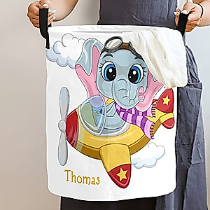 Elephant Pilot Plane Personalized Laundry Hamper ,Custom Name Collapsible Waterproof Laundry Basket Storage Bins with Handle for Clothes,Toy,Nursery