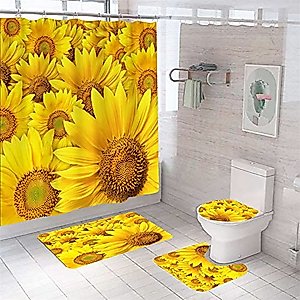 JIANGLANY Sunflower Shower Curtain with Rugs, Toilet Lid Cover Bath Mat, Rural Sunflower Bathroom Decor Set with Waterproof Curtain and Toilet Mats Set, 71x71 Inches (4)