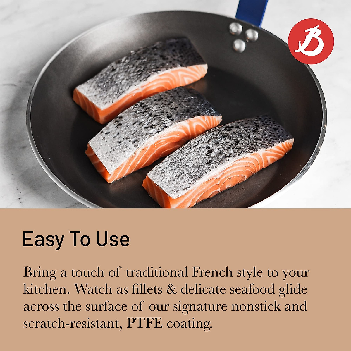 de Buyer CHOC Nonstick Fry Pan - 9.5” - Blue Handle for Fish - 5-Layer PTFE Coating - Warp & Scratch Resistant - Made in France