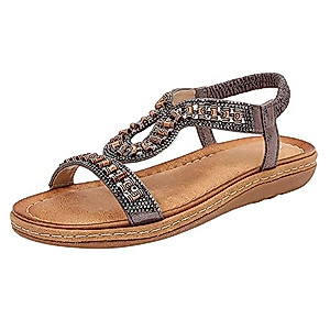 Women's T-Strap Beaded Flower Rhinestone Flat Summer Casual Beaded Elastic Sandals Sandals Dress Beach Shoes (Grey, 6.5)