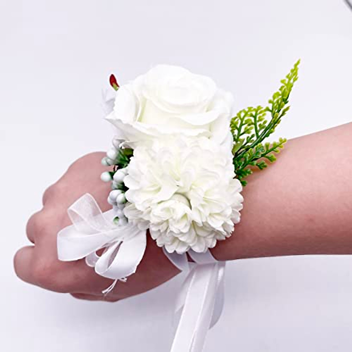 Milisente Rose Wrist Corsage Wristlet Band Bracelet and Men Boutonniere Set for White Wedding Flowers Accessories Prom Suit Decorations(White)