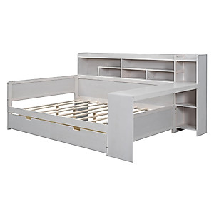 HoRunzelin Full Size Daybed with Storage Shelves, 2 Drawers and Desk, Pine Wood Captains Bed with Bookcase for Kids Boys Girls Teens, Antique White