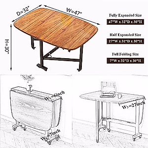 Rukulin Drop Leaf Dining Table – Solid Wooden Foldable Kitchen Table with 6 Wheels for Dining Room (Brown)