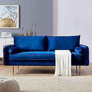 JULYFOX Blue Velvet Fabric Sofa Couch, 71 inch Wide Mid Century Modern Living Room Couch with Side Storage Fashion Golden Legs for Small Spaces