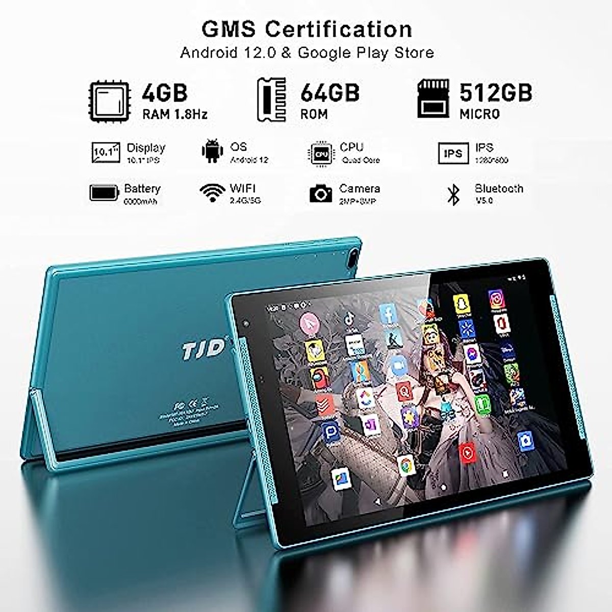 TJD 10.1 inch Tablet,Android Tablets,2GB RAM 32GB ROM, Quad Core Processor, HD IPS Screen, 2.0MP Front+5.0MP Rear Camera,Google Tablet, Wi-Fi, Bluetooth, MT-1011QU, Blue