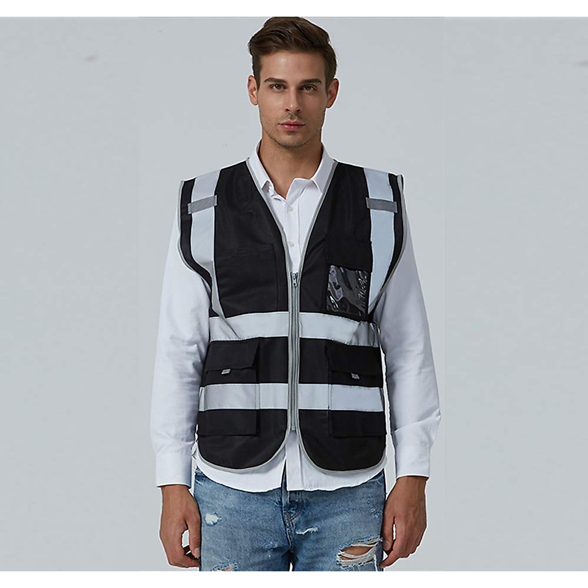 Black Safety Vest Reflective With Pocket And Zipper Construction Vest With Reflective Stripes Hi Vis Workwear(Black, M)