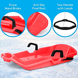 Slippery Racer Downhill Thunder Flexible Plastic Toboggan Snow Sled with Built in Brake System, Pull Rope, and Handle Grips, Red