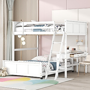 Full Over Full Loft Bed with Desk and Storage Drawers, Wood Bunk Loft Bunk Bed for Kids, Can Be Separated into A Full Size Platform Bed Frame and A Loft Bed for Girls Boys Teens, White