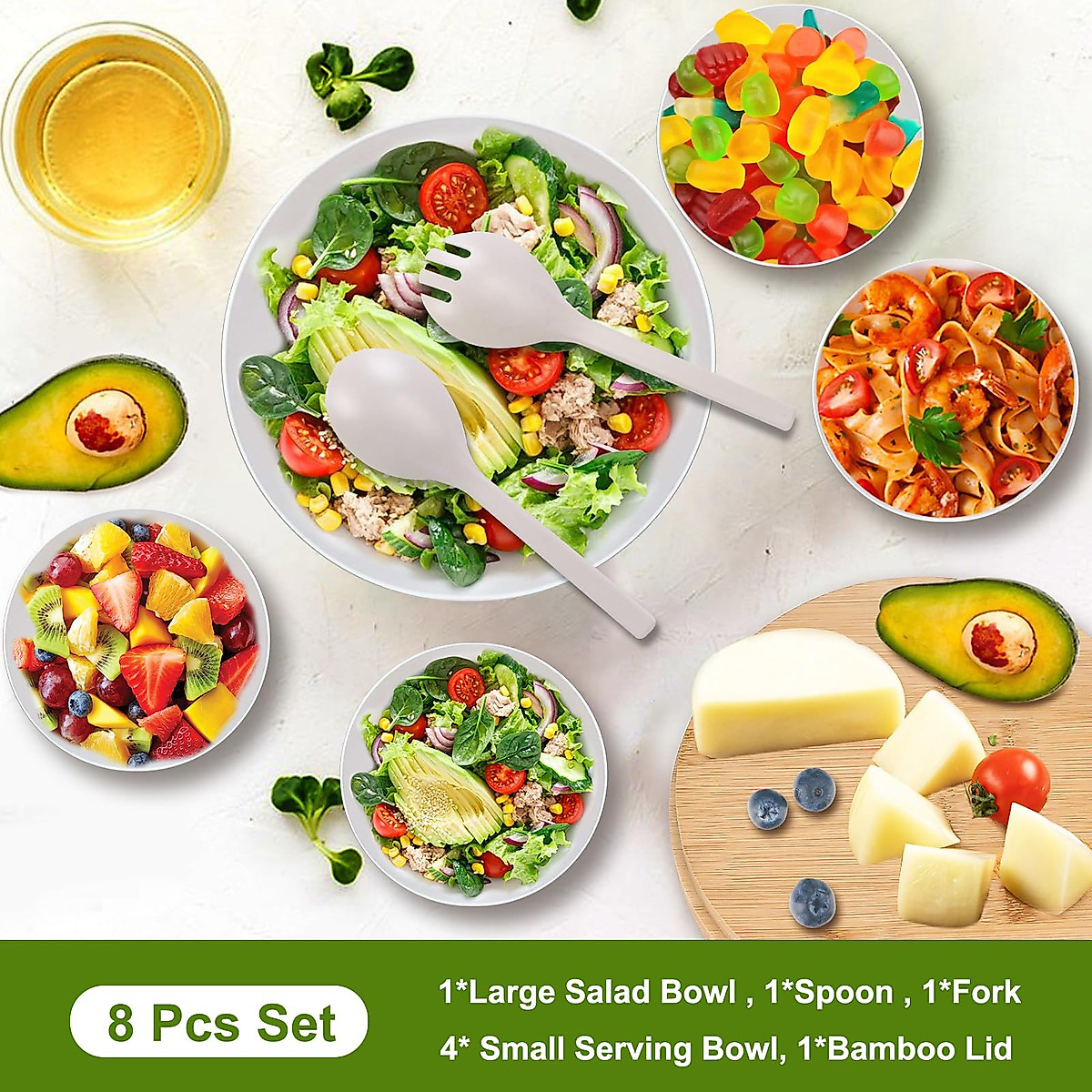 Salad Bowl with Serving Utensils, Large Salad Bowl with Wooden Lid, 9.8inch Bamboo Fiber Salad Mixing Bowl Set with Servers, Fruit Salad Bowl with 4 Small Bowls for Dessert Vegetables Pasta (White)