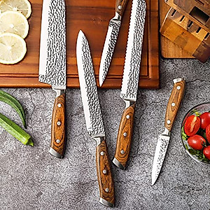 Knife Set, Karcu 15-Piece Hammer Kitchen Knife Block Sets with Sharpener German Steel, Rotating Acacia Block