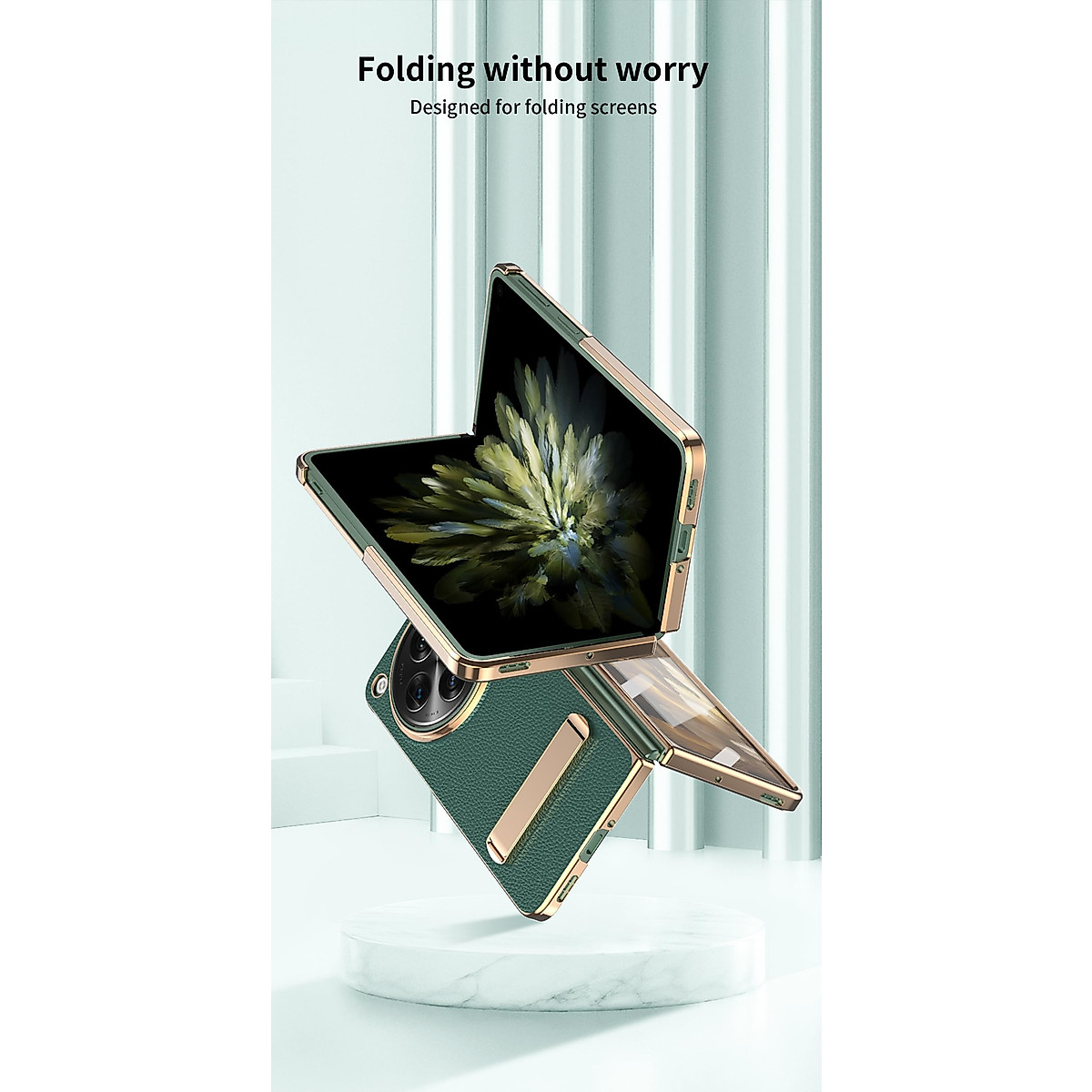 Mangix for OnePlus Open Case,Luxury Premier Genuine Leather,Full Body Hinge Protection,Built-in Screen Protector,Kickstand Drop Proof Protective Cover (Green)