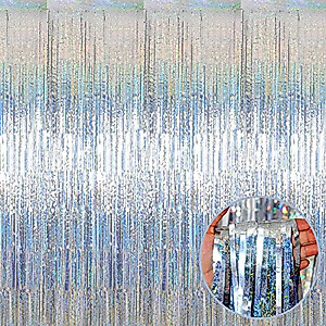 4 Pack Silver Tinsel Foil Fringe Curtain Backdrop, 3.28Ft x 8.2Ft Metallic Streamers for Photo Booth Props Wedding Bridal Shower Bachelorette Birthday Halloween Christmas Party Decoration
