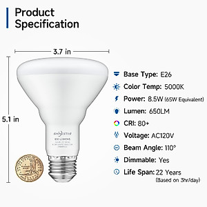 SHINESTAR 4-Pack BR30 LED Bulb, 65W Equivalent, Recessed Light Bulbs, 5000K Daylight White, Dimmable, 650LM, E26 Base