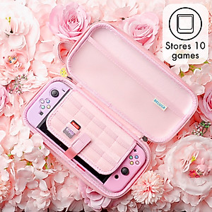 BelugaDesign Moon Switch Carrying Case | Pastel Hard Travel Shell Compatible with Nintendo Switch Standard Lite OLED | Cute Moon Silhouette Heart Magic Bow Design (Pink)