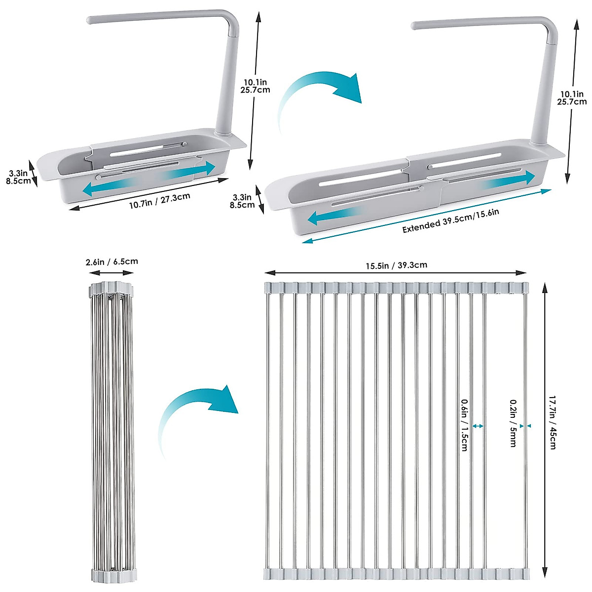 NiHome Roll Up Dish Drying Rack with Sink Caddy Expandable, Over The Sink Dish Drying Rack Portable Stainless Steel Rolling Rack Multipurpose Sponge Holder for Kitchen Sink