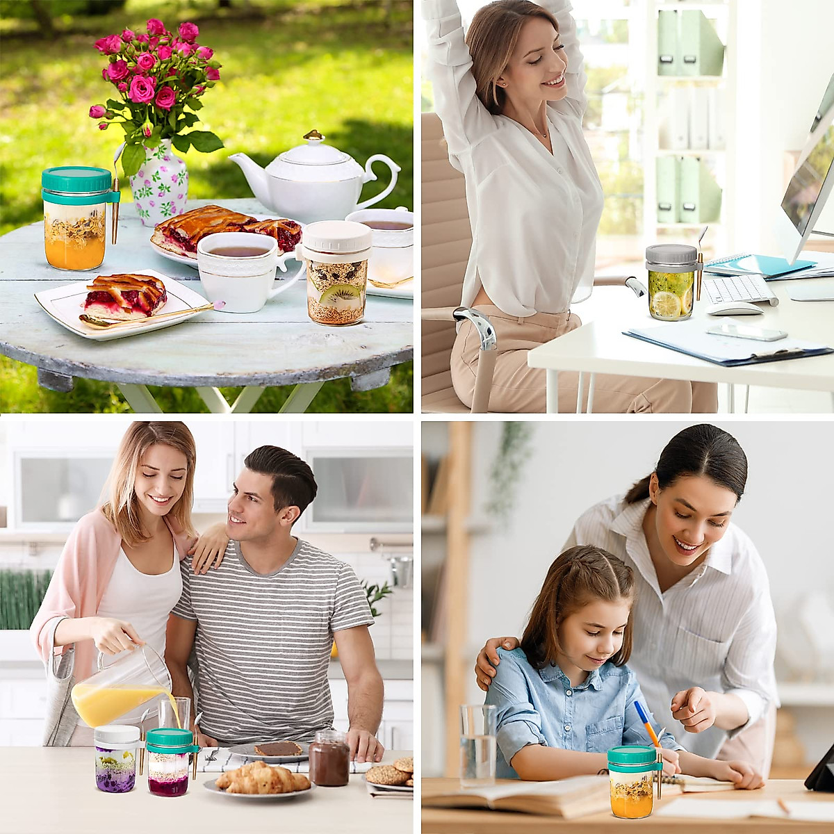 JIIKOOAI 4 Pack Overnight Oats Containers with Lid and Spoon, 16 oz Glass Overnight Oats Jars, Fruit Container, Salad Cup, Yogurt Cup for Milk Cereals Fruit Cereals