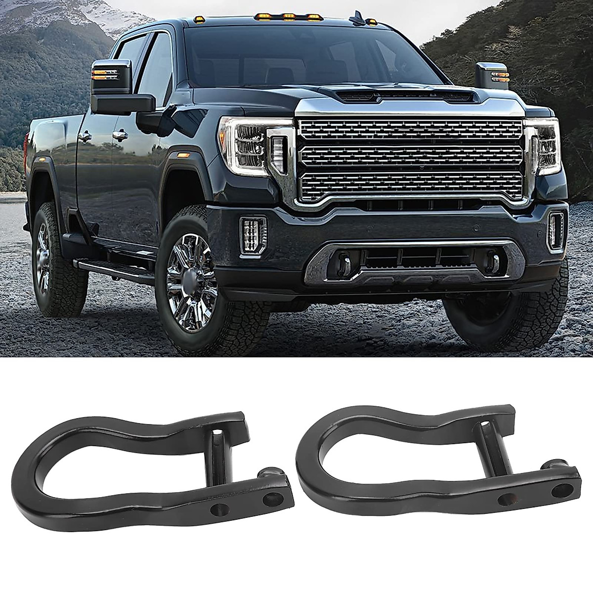 Aramox Front Recovery Hook Fit for, Pair Front Tow Hooks Black Heavy Duty Bow Shackles 84072463