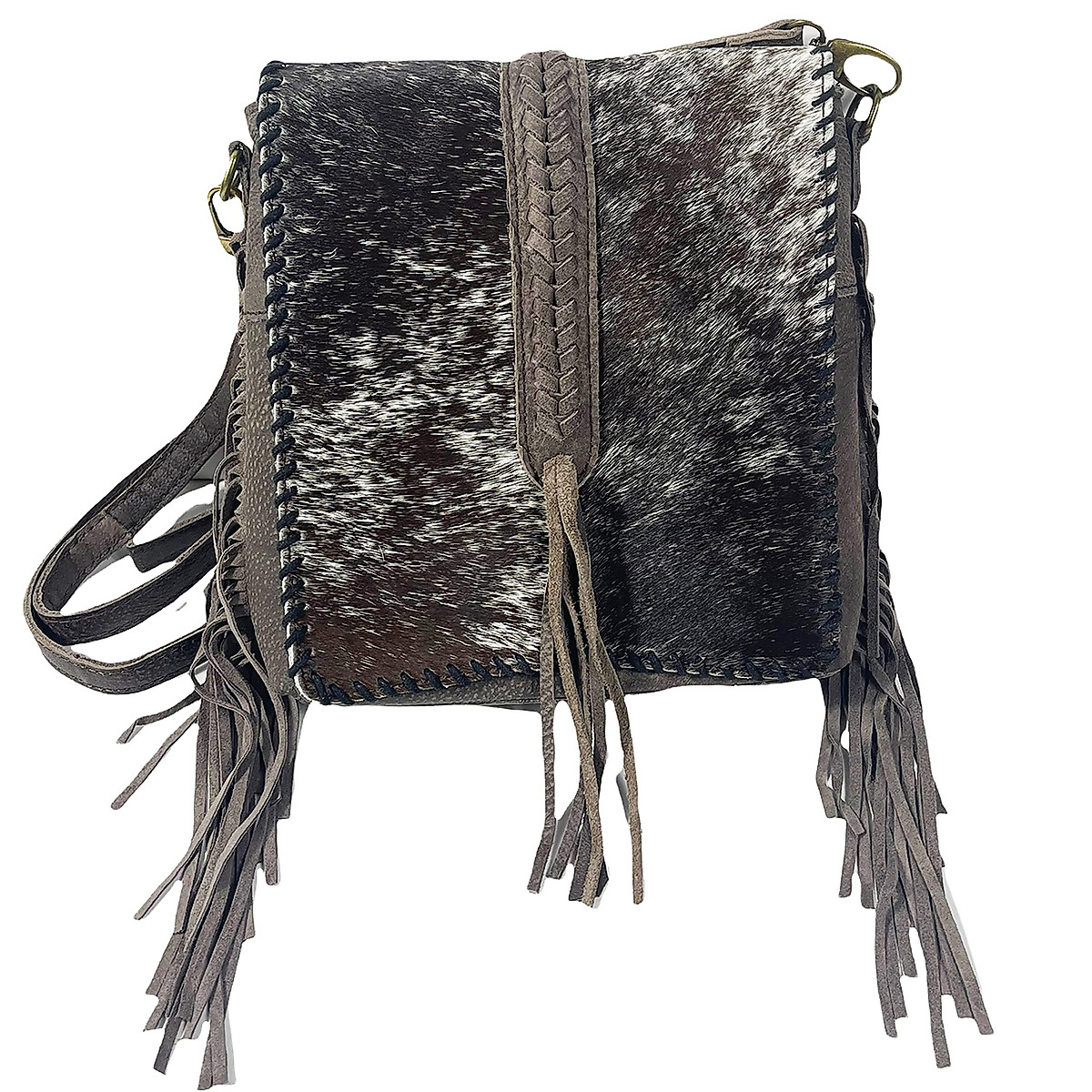 Urbalabs Western Cowhair Concealed Carry Womens Crossbody Fringe Purse Genuine Leather Handmade Stitched Handbag (Grey)