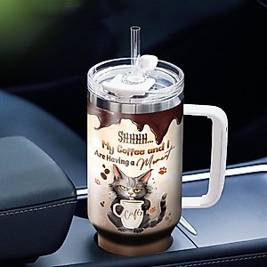 WAZONE Personalized Shh My Coffee And I Are Having A Moment 40oz Tumbler with Handle and Straw Lid Insulated Travel Mug Funny Customized Animal Gifts For Cat Lovers Men Women Birthday Present