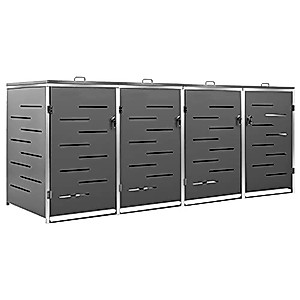 Canditree Outdoor Large Storage Shed for Garbage Cans, Stainless Steel Quadruple Wheelie Bin Shed with 4 Doors for Patio (Anthracite)