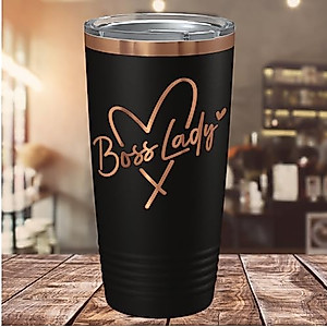 Boss Lady Big Heart Tumbler Birthday Gifts for Women, Coworker, Boss on Black with Ion Rose Gold Design 20 oz Stainless Steel Insulated Cup with Lid - Travel Mug for Mom