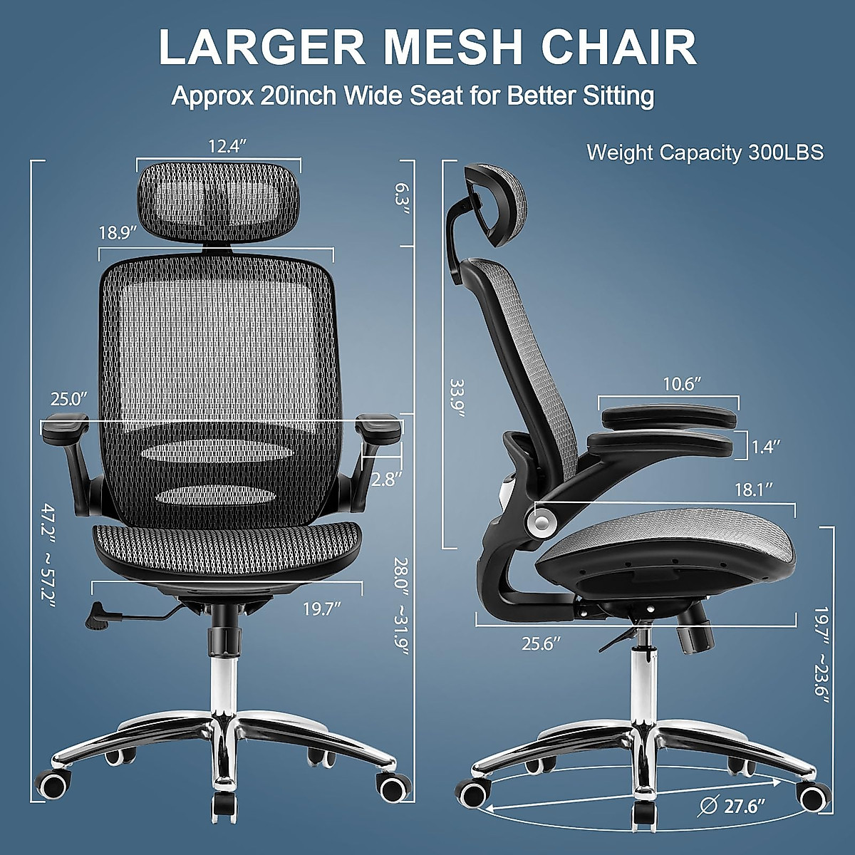 Ergonomic Mesh Office Chair for Tall People, High Back Mesh Chair with Adjustable Flip Up Armrest & 2D Headrest &, 135°Tilt Function, Mesh Seat, Swivel Executive Task Chair for Home 350lb