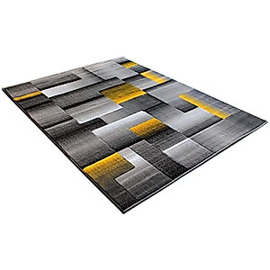 Champion Rugs Modern Contemporary Geometric Cube and Square Yellow Grey Black Design Area Rug (8 Feet X 10 Feet)