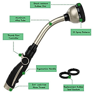 RESTMO Watering Wand Heavy Duty, Metal Garden Hose Wand with 10 Spray Patterns, 15-Inch Long Hose Nozzle Sprayer with Thumb Flow Control, Ideal to Water Hanging Baskets and Shrubs