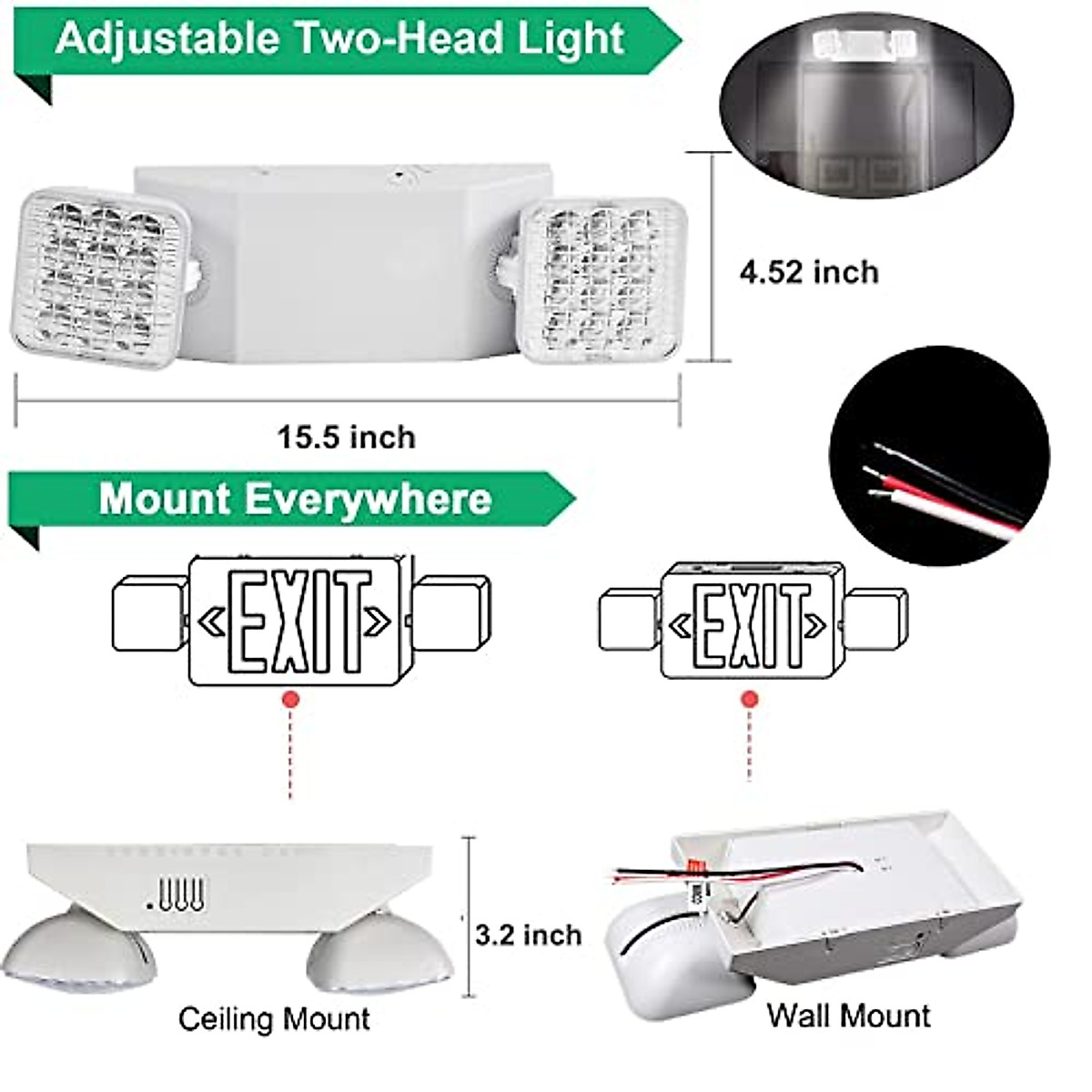 LED Emergency Light Fixture, Commercial Emergency Lights with Battery Backup, Square Two Head Adjustable LED Emergency Light for Power Failure Business, Emergency Exit Light AC 110V-277V 6 Pack