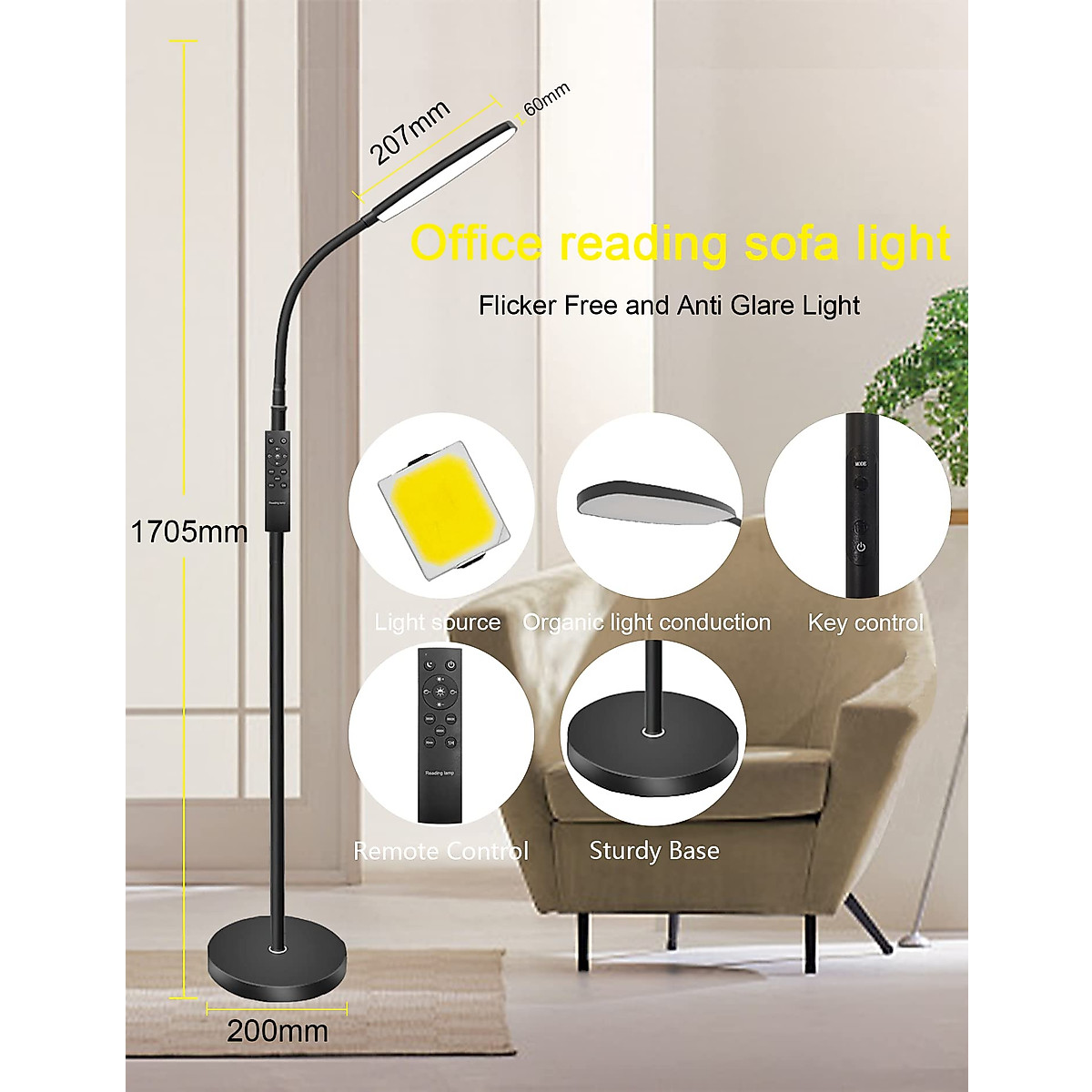 Hyskostar LED Floor Lamp, Bright Floor Lamps for Living Room with 1H Timer, 2700K-6500K Brightness Adjustable Gooseneck Standing Lamp with Remote & Touch Control Reading Floor Lamps for Bedroom