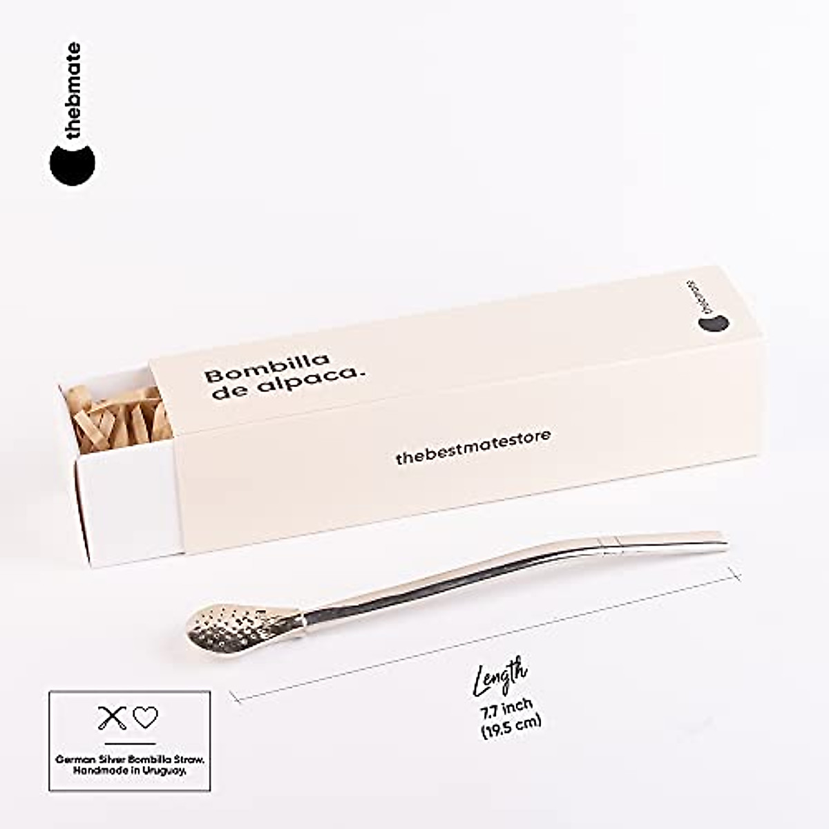 TheBmate Deluxe Bombilla Mate (Mate Straw) – Flat Yerba Mate Bombilla Straw - Crafted German Silver (Alpaca) Bombilla Straw - Handmade in Uruguay – Cleaning Brush included