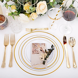 Ciaell 250PCS White and Gold Plastic Plates - Gold Disposable Plastic Plates Sets include 50Plates, 25Knives, 25Forks, 25Spoons, 25Mini Fork, 25 Cups, 25Paper Straws, 50Napkins for Thanksgiving, Party