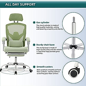 Sweetcrispy Swivel Rolling Padded Armrests Headrest, High Back Lumbar Pillow and Retractable Footrest Ergonomic Home Office, Height Adjustable Reclining Mesh Chair, Green