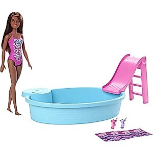 Barbie Doll and Pool Playset with Pink Slide, Beverage Accessories and Towel, Brunette Doll in Floral Swimsuit