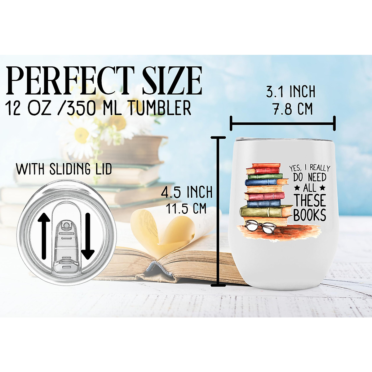 Onebttl 12oz Stainless Steel Insulated Tumbler with Lid - Book Lovers Gift for Women