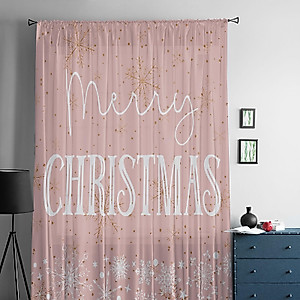 Merry Christmas Semi Sheer Curtains Drapes for Living Room, Bedroom, French Doors Window 96 Inches Long, Rod Pocket Chiffon Curtain Drapery Voile Draperies Panel Blush Pink Gold Winter Snowflake