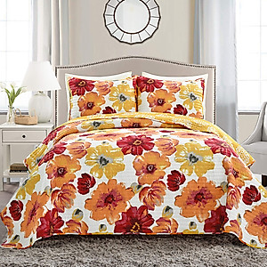 Lush Decor Leah Reversible Floral Quilt Set, 3 Piece Set, King, Red & Orange - Charming Floral Bedding Set - Large Blooming Watercolor Flowers