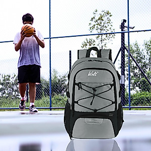 WOLT | Basketball Backpack Large Sports Bag with Separate Ball Holder & Shoes Compartment, Gifts for Basketball, Soccer, Volleyball, Swim, Gym, Travel (Light Grey)