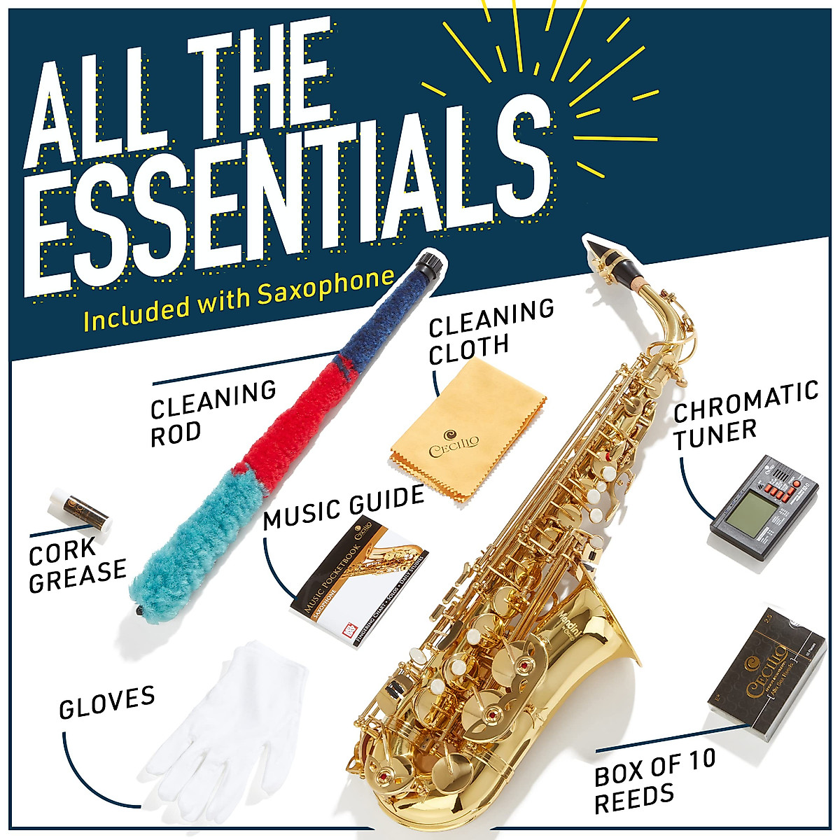 Mendini By Cecilio Eb Alto Saxophone - Case, Tuner, Mouthpiece, 10 Reeds, Pocketbook- Black & Gold E Flat Musical Instruments