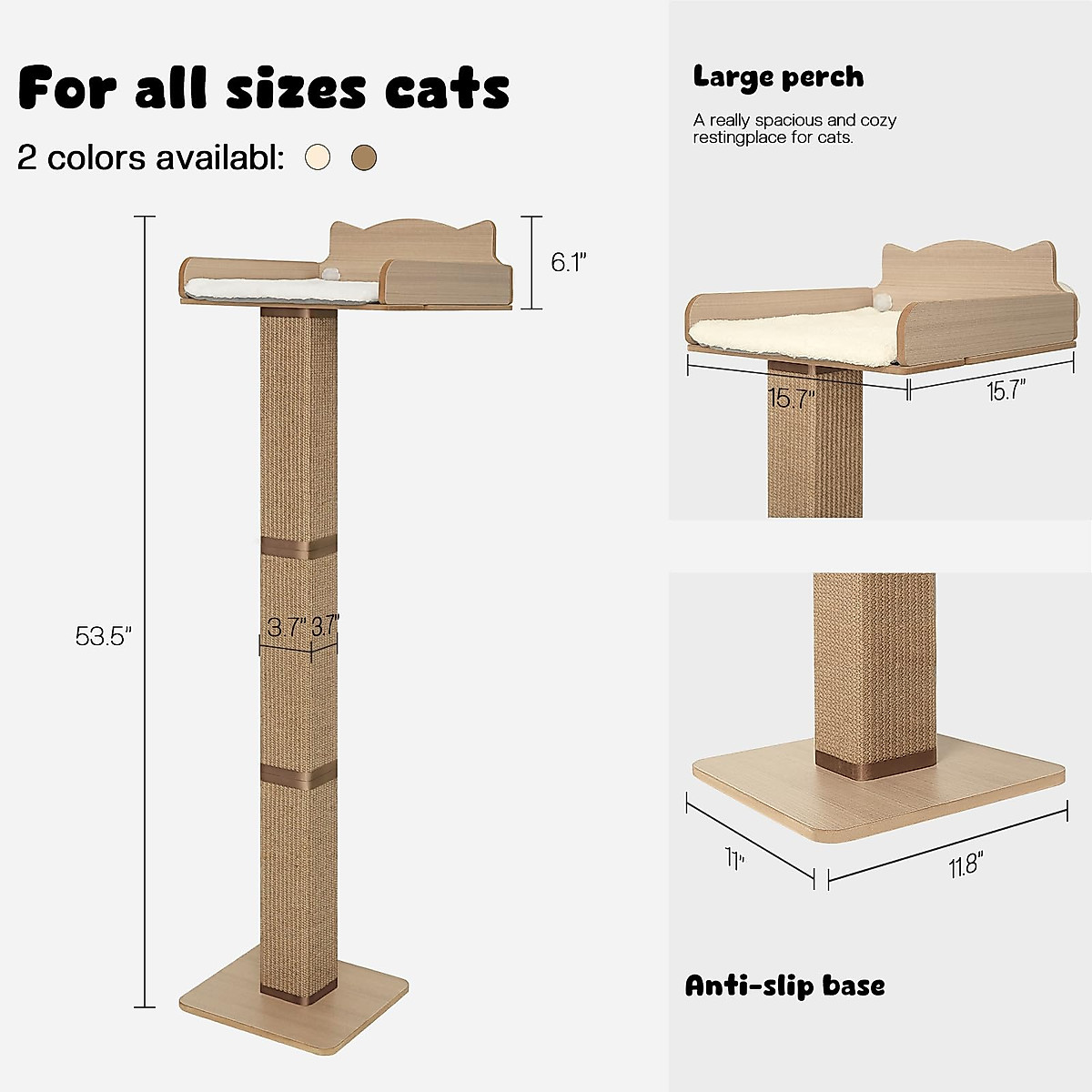 Cat Window Perch with Scratching Post, Cat Hammock for Window with 2 Suction Cups, Sisal Tall Cat Scratching Post with Large Perch, Cat Window Bed with Fuffy Cushion, Jute