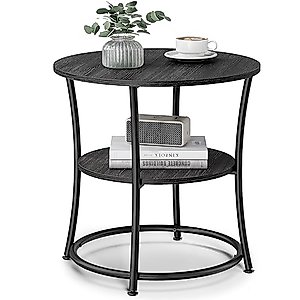 VASAGLE Side Table, Round End Table with 2 Shelves for Living Room, Bedroom, Nightstand with Steel Frame for Small Spaces, Outdoor Accent Coffee Table, Charcoal Gray and Black